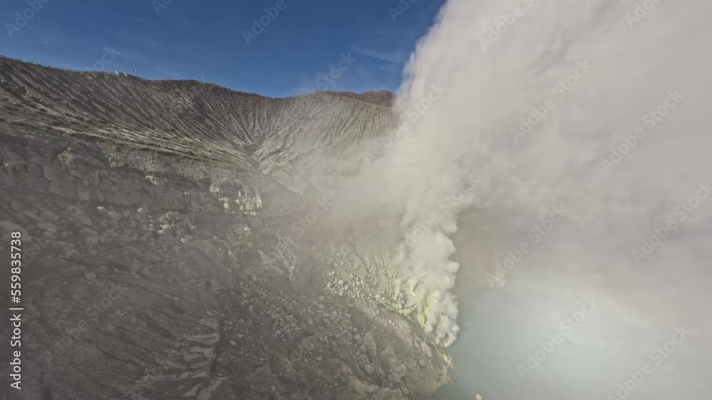 Tropical volcano crater stone texture with mist fog and acid lake Asian ...