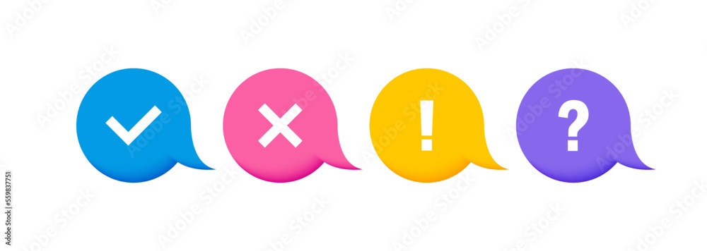 Check mark, cross mark, exclamation mark and question mark icons on 3d ...
