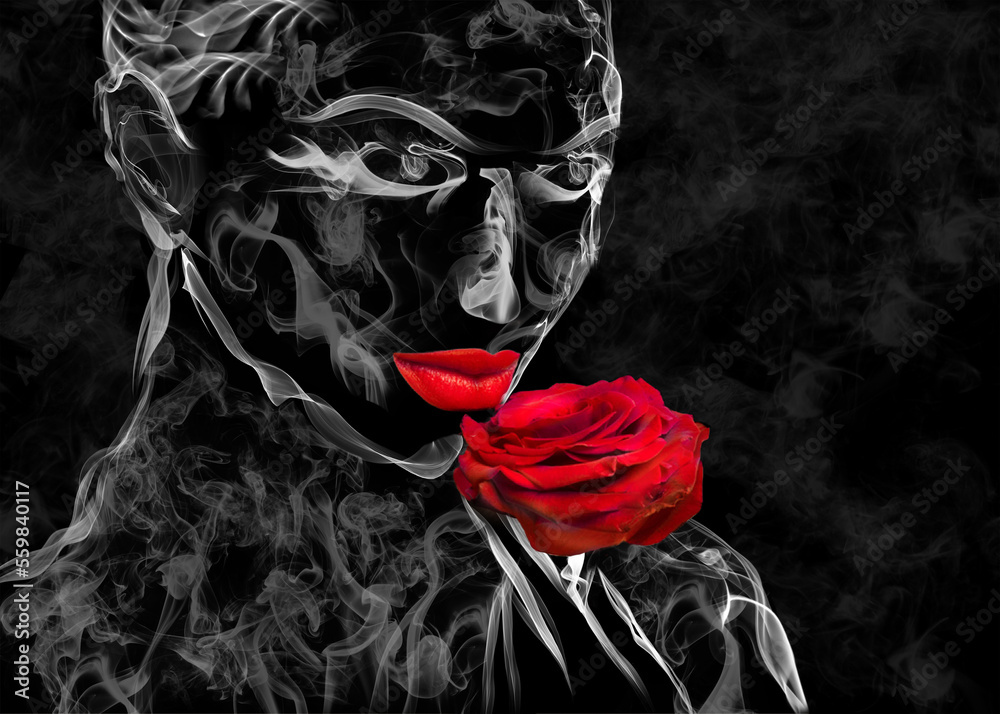The smoky image of a girl is an imitation of cigarette smoke with red ...
