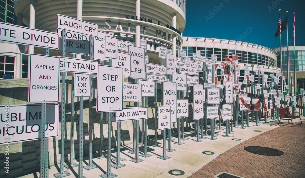 SALT LAKE CITY, UT - JULY 14, 2019: Street signs in front of Salt ...