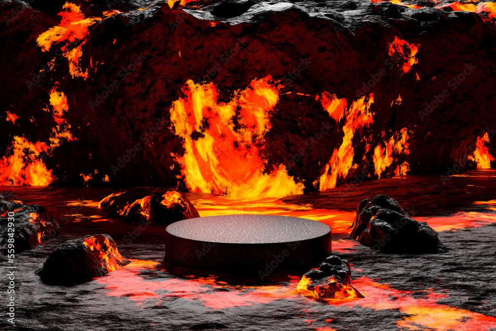 3D render Platform and natural Podium lava rocks smelt on volcano with ...