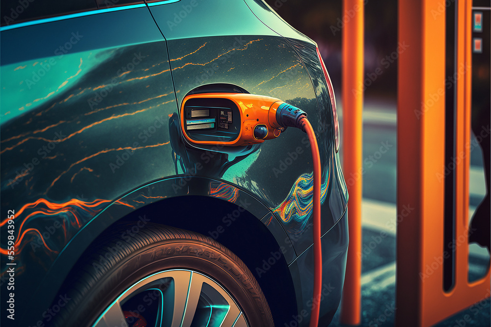 Generative AI illustration of EV electric car plugged charging at ...