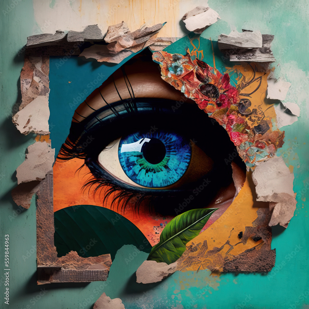 Collage painting of eye contact. Variety of materials and textures ...