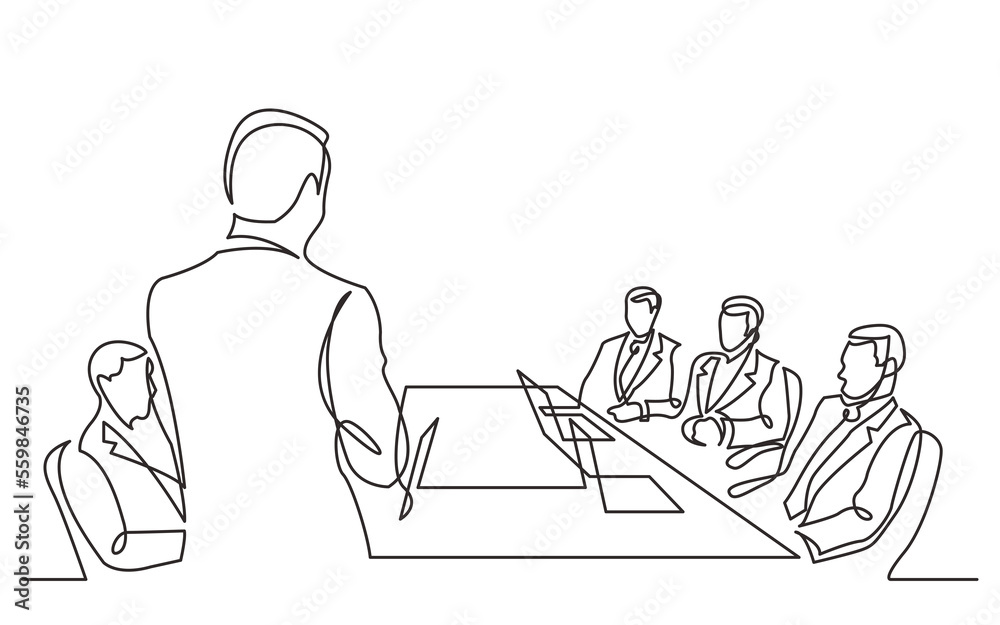 team member speaking at board meeting before business executives ...