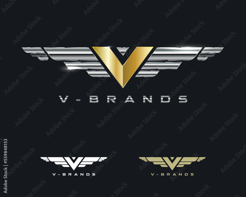 V Monogram Emblem Logo Design in Gold and Metallic in black background ...