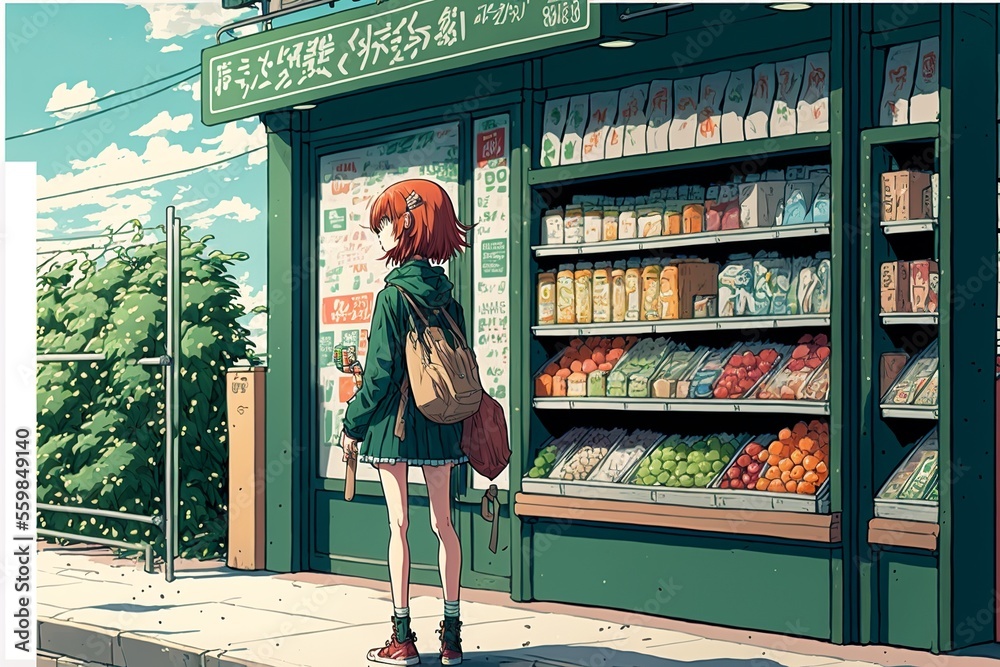 Girl on the street in front of a grocery store, anime style. AI digital ...