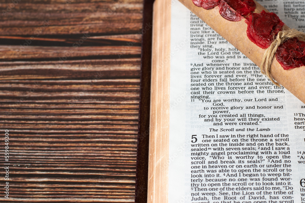 Stockfoto Ancient scroll with seven seals and open holy bible ...