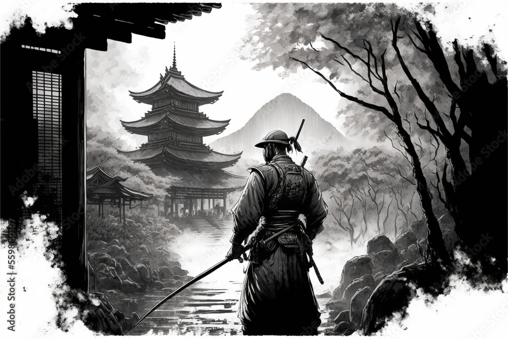 Samurai warrior with temple and mountains in background. AI digital ...