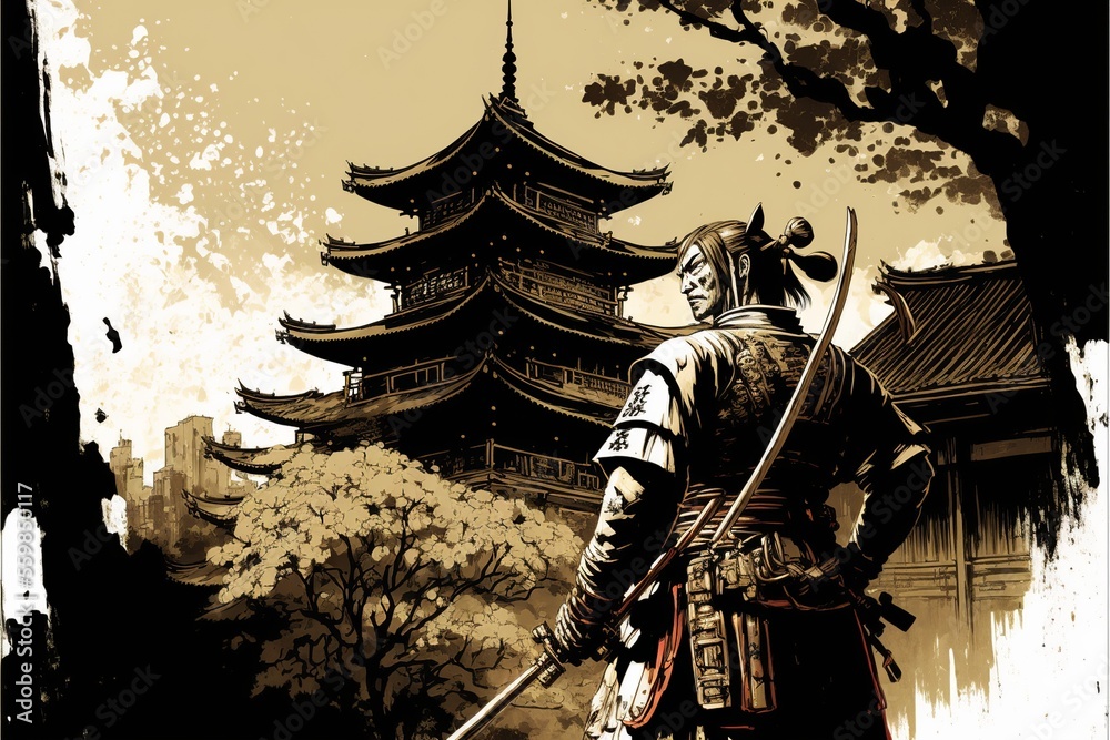 Samurai warrior with katana sword, temple in background. AI digital ...