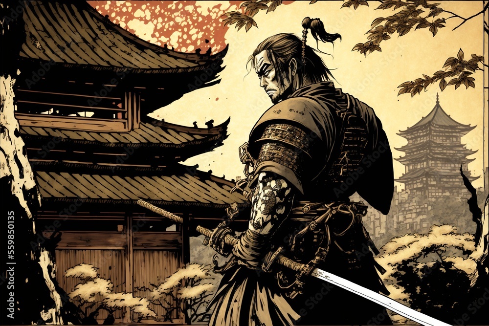 Samurai warrior with katana sword, temple in background. AI digital ...