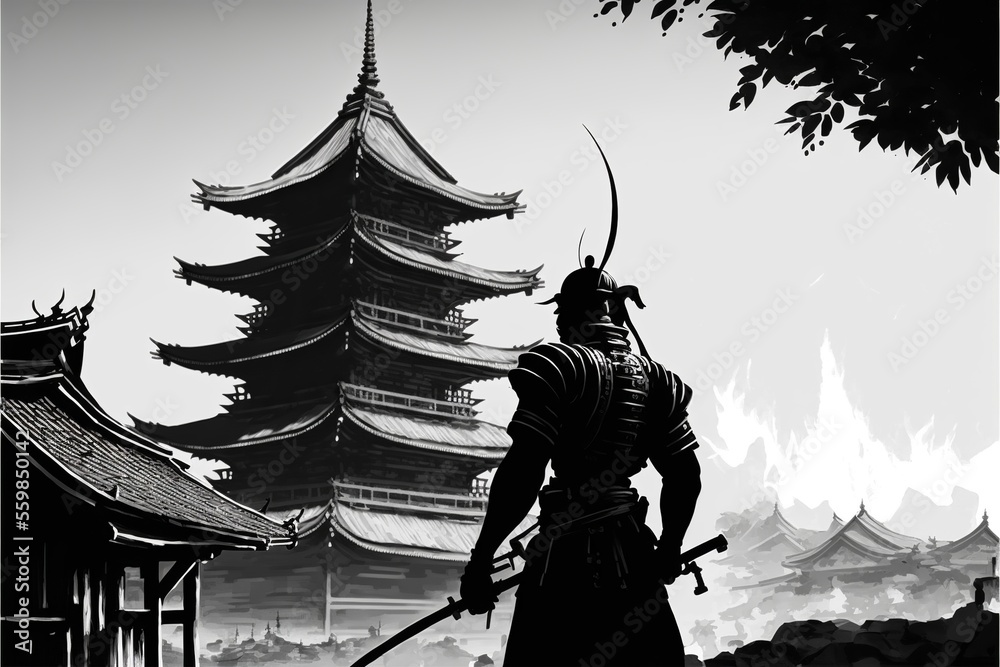 Samurai warrior with katana sword, temple in background. AI digital ...