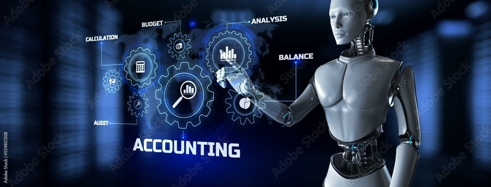 Accounting business process automation RPA concept. Robot pressing ...