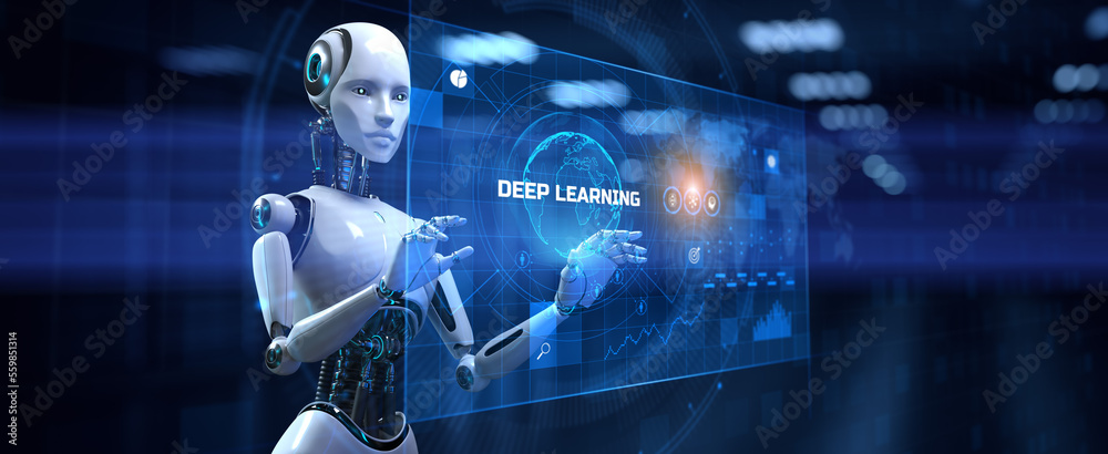 Deep learning artificial intelligence neural network. Robot pressing button on screen 3d render ...