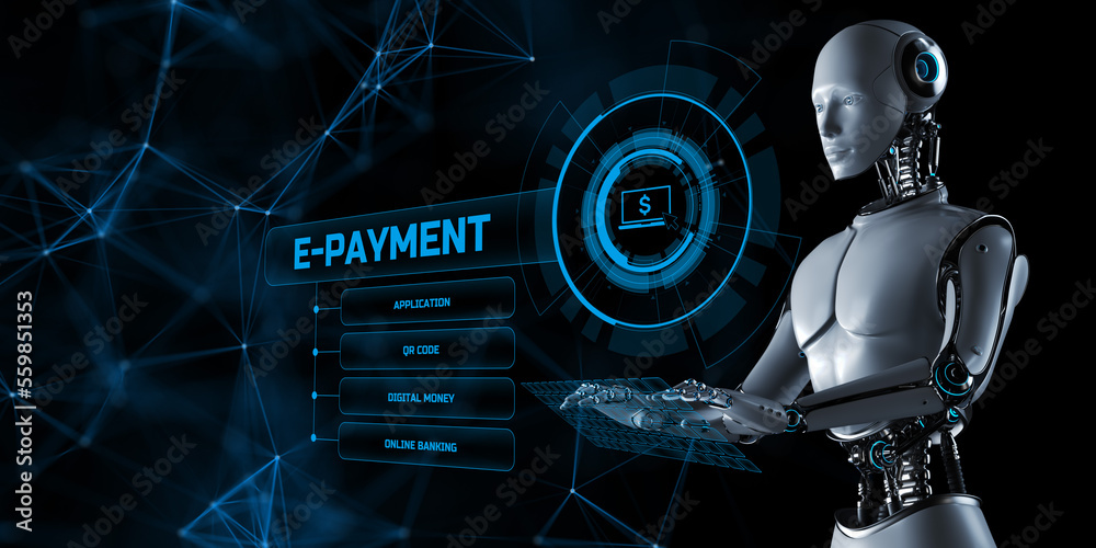 E-payment digital money internet banking. Robot pressing button on ...