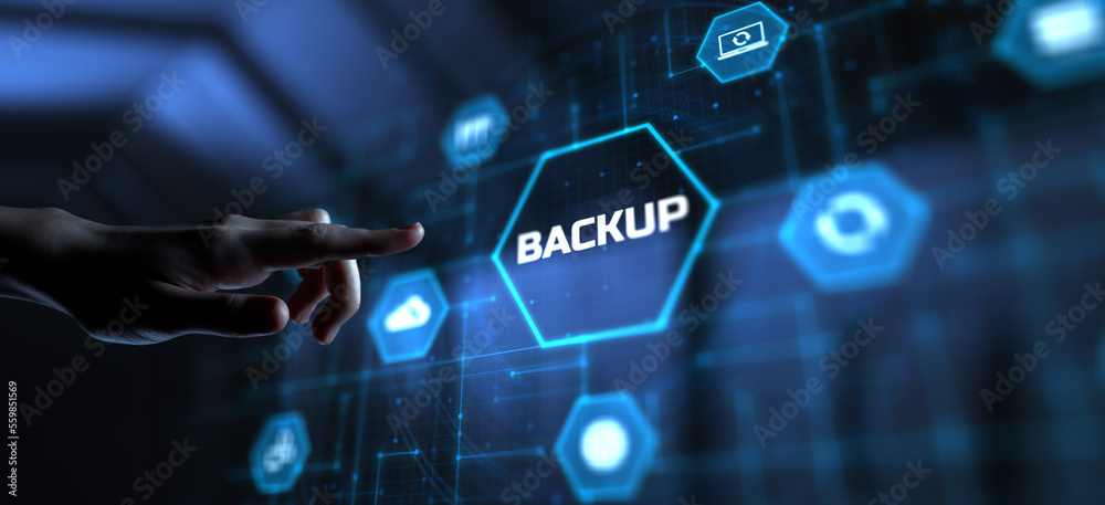 Backup Disaster recovery. Hand pressing button on screen. Stock Photo ...