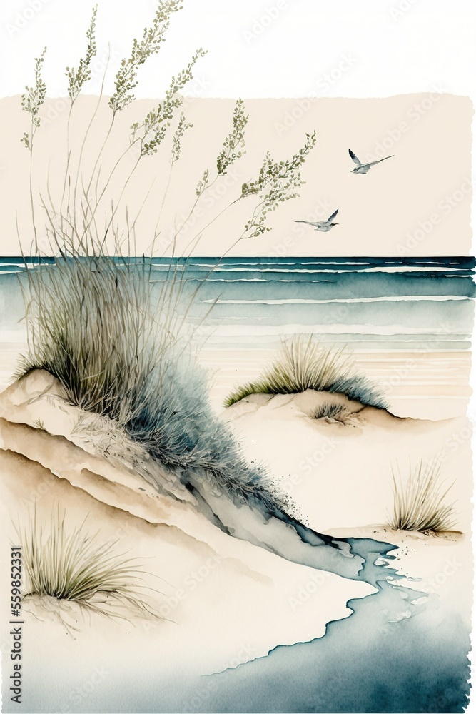 sand dunes on the beach, watercolor, AI assisted finalized in Photoshop ...