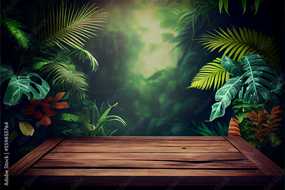 Tropical background with a wooden table on the forefront and lush ...