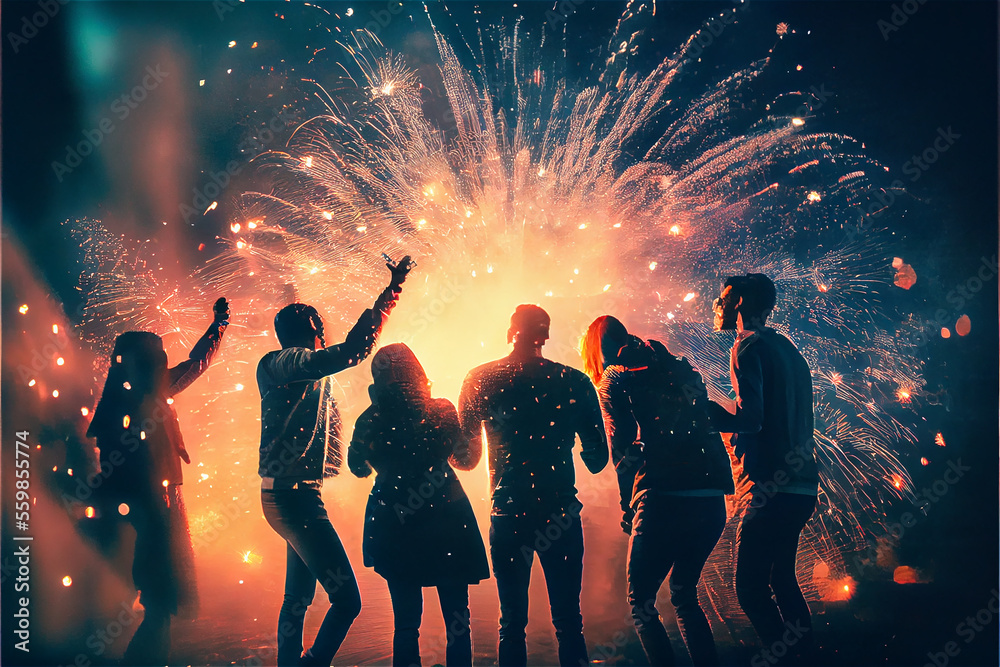 Young people silhouette dancing at a party with fireworks, ideal for ...