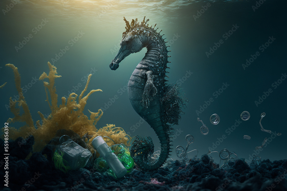 seahorse on the ocean floor among garbage and pollution, created by a ...
