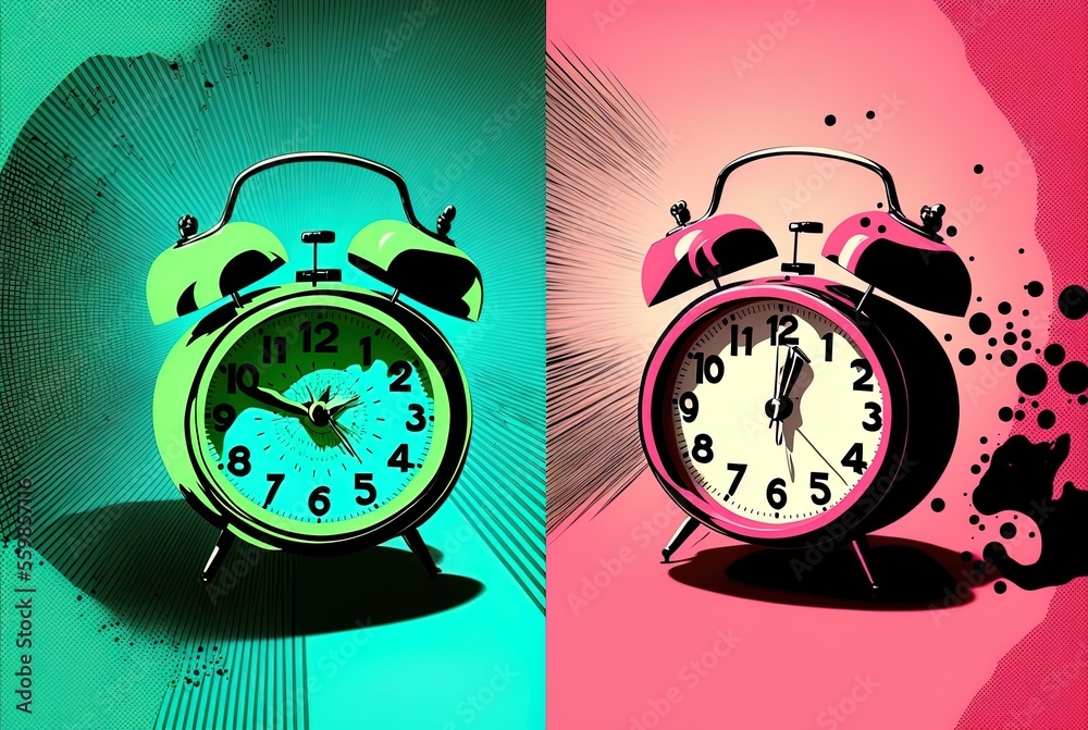 Half-toned pop art clocks serving as an alarm. Generative AI Stock ...