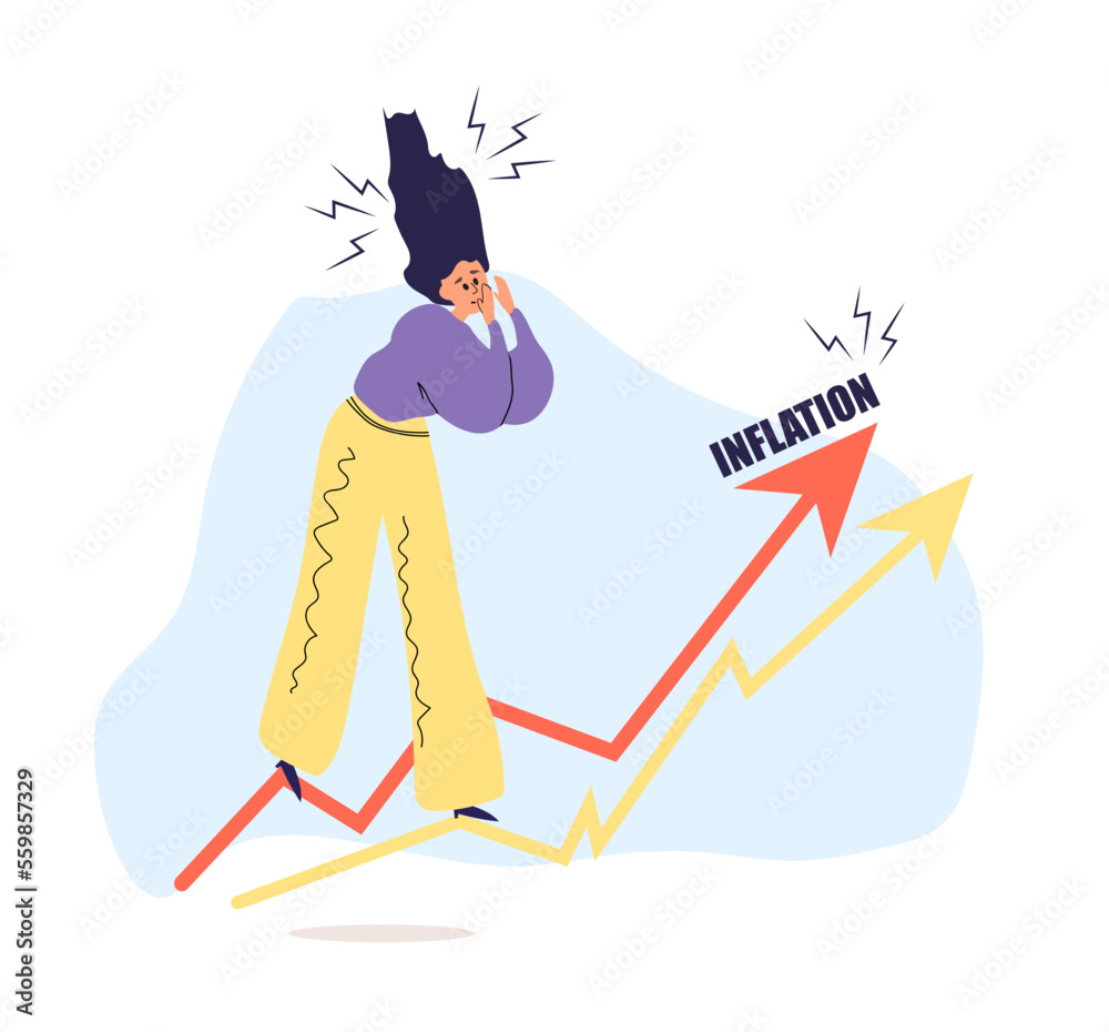 Inflation. Woman Scary of Inflation. Arrows are going up. Vector ...