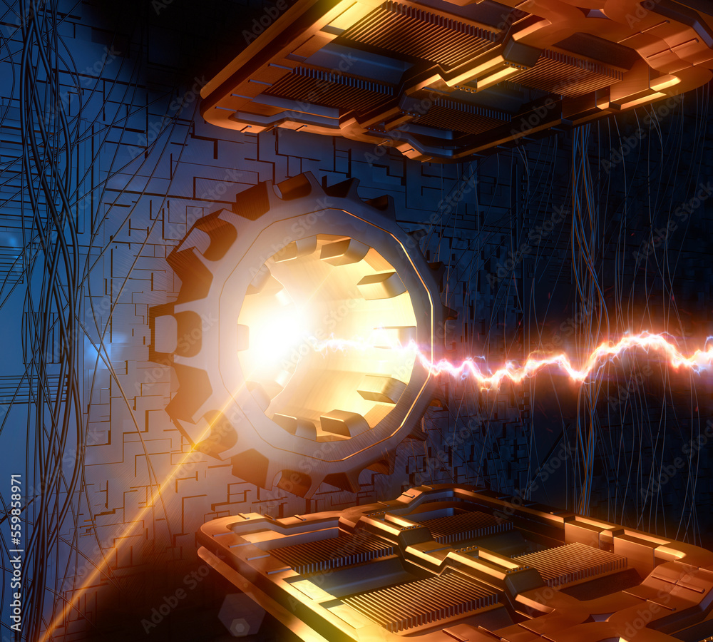 Energy beam, clean energy production. Colliding atoms. Technology in ...