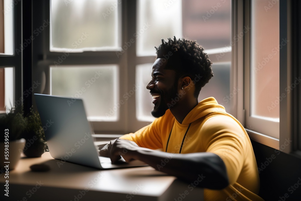 Candid photo of an African American man using a laptop and having a ...