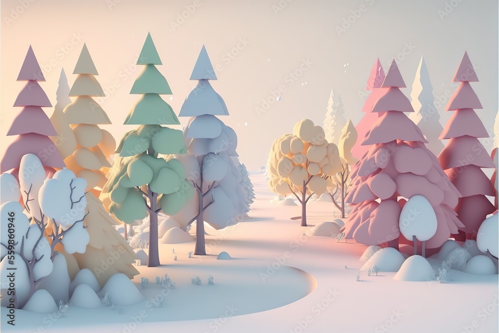 Winter white background with 3d fir trees and volumetric and snow ...