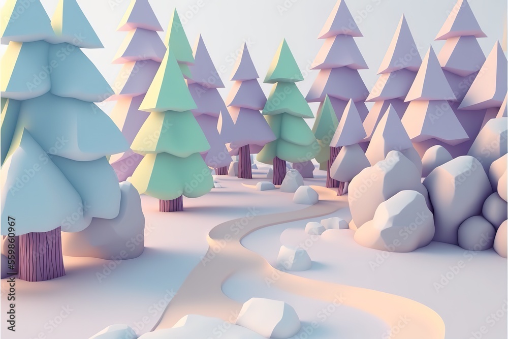 Winter white background with 3d fir trees and volumetric and snow ...