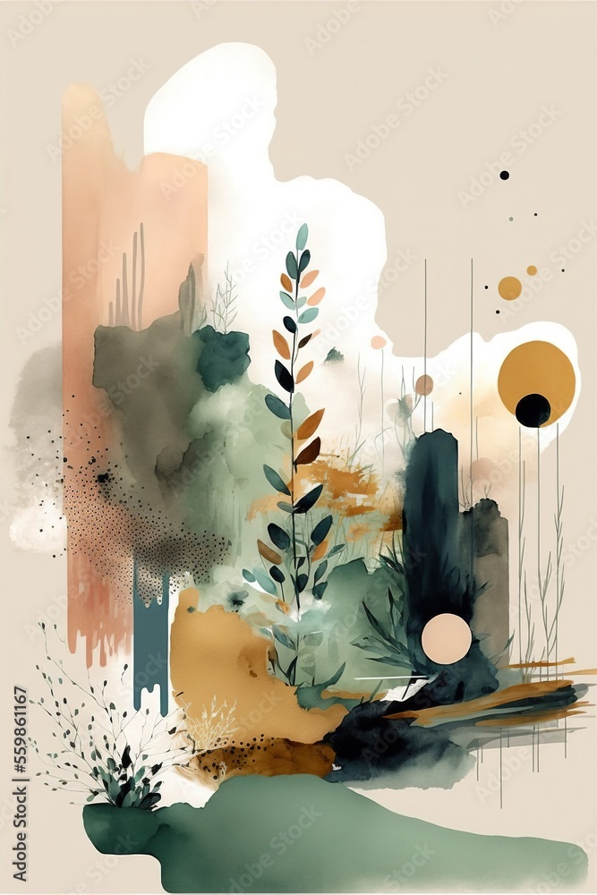 Neutral botanical abstract landscape, minimalism, pastel colors, white ...