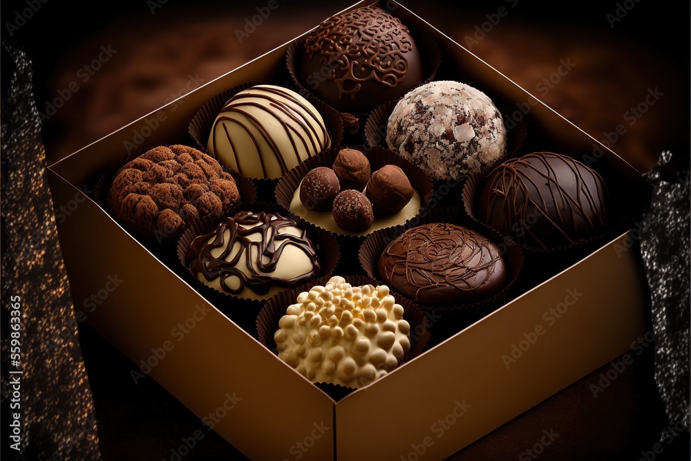 a box of chocolates with different types of toppings in it on a table ...
