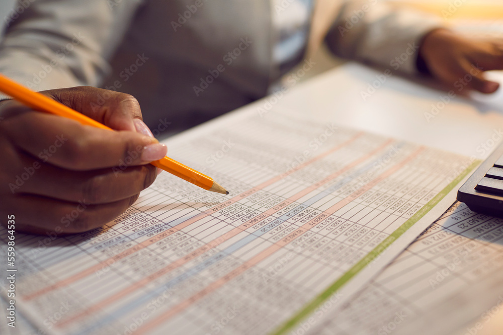 Financial accountant sitting at office desk, doing business paperwork ...