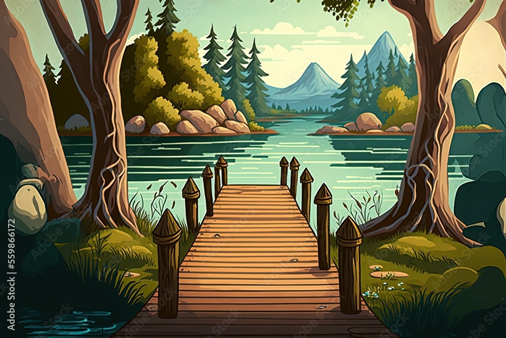 Cartoon depiction of a wooden pier on a lake, pond, or river in the ...
