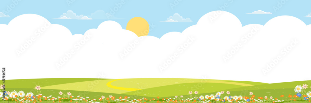 Seamless pattern Spring green fields landscape with clouds on blue sky ...