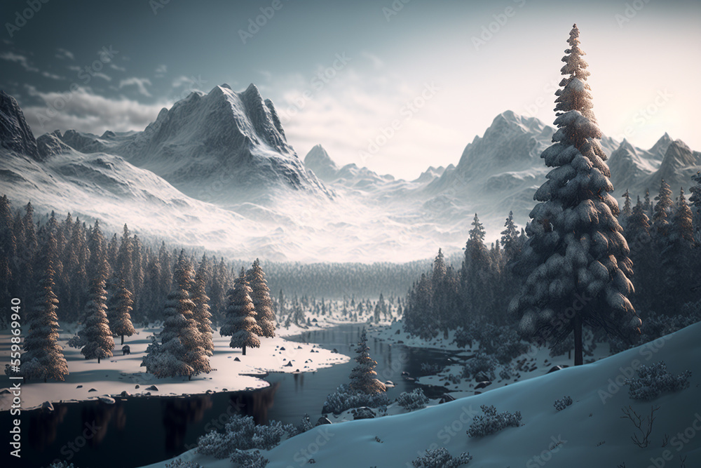 winter mountain landscape of a valley with a river and pine trees ...