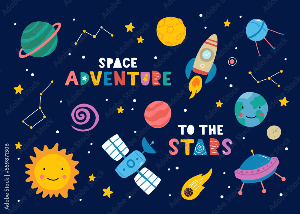 Big set of cute funny objects in space, with planets, stars, quotes ...