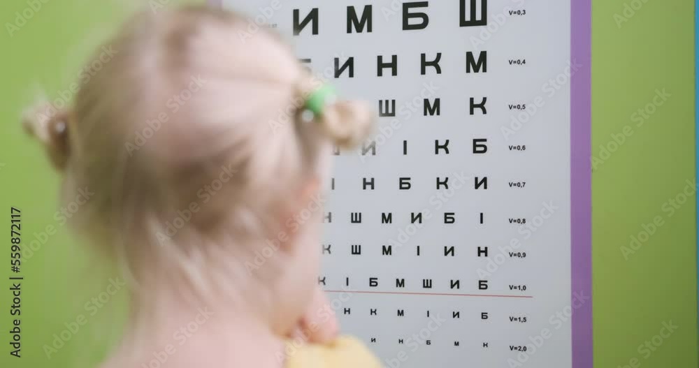 Little girl is tested for visual acuity in distance according to table ...