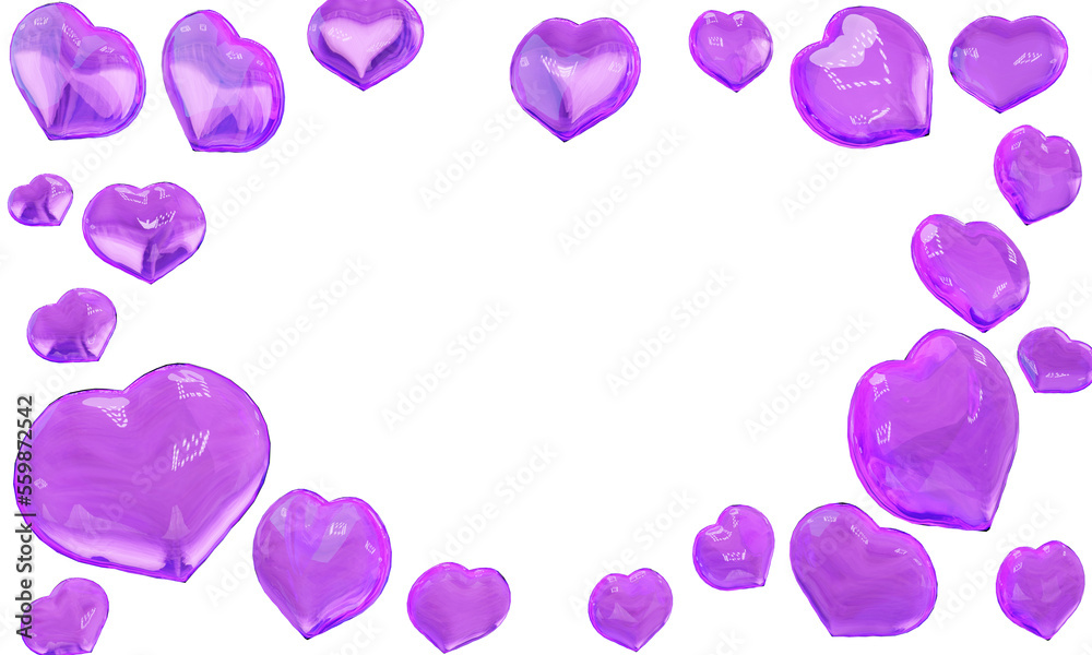 Purple hearts border. Set of 3d heart shapes. Glass pink heart on ...