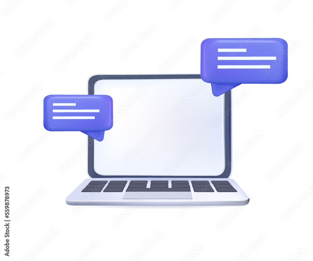 3D vector speech bubble with computer chat, laptop, notebook, online ...
