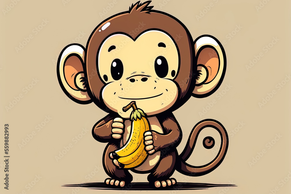 Cartoon drawing of a cute monkey holding a banana. Isolated animal food ...