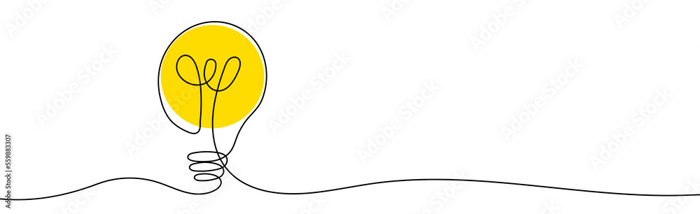 Turned on Lightbulb. Yellow continuous one line drawing of electric ...