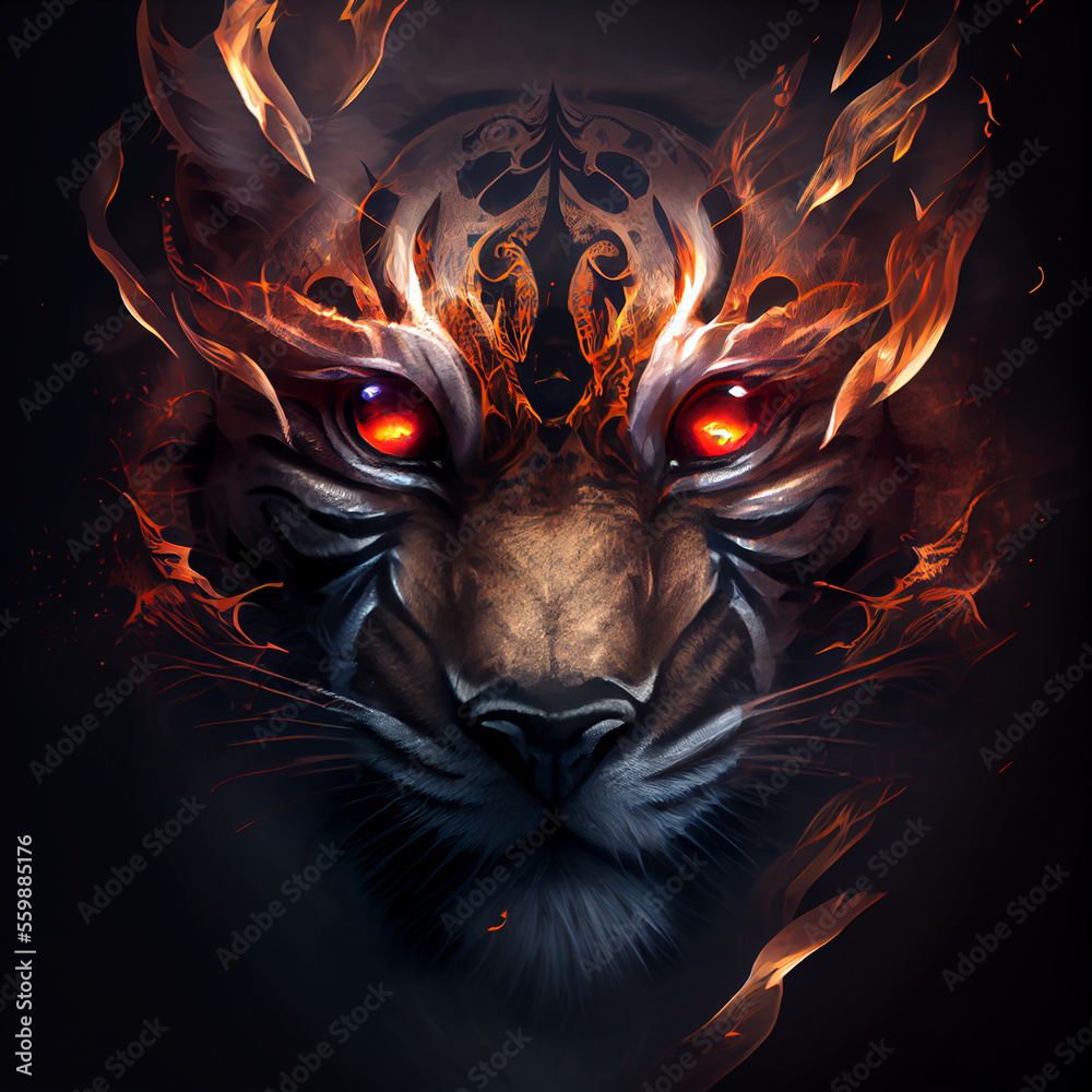 Gothic tiger with flaming eyes ai art ilustração do Stock | Adobe Stock