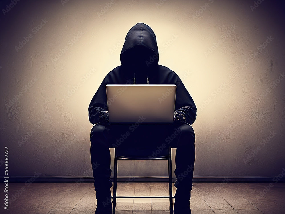silhouette of a hacker in a black hoodie and trousers sitting on a ...