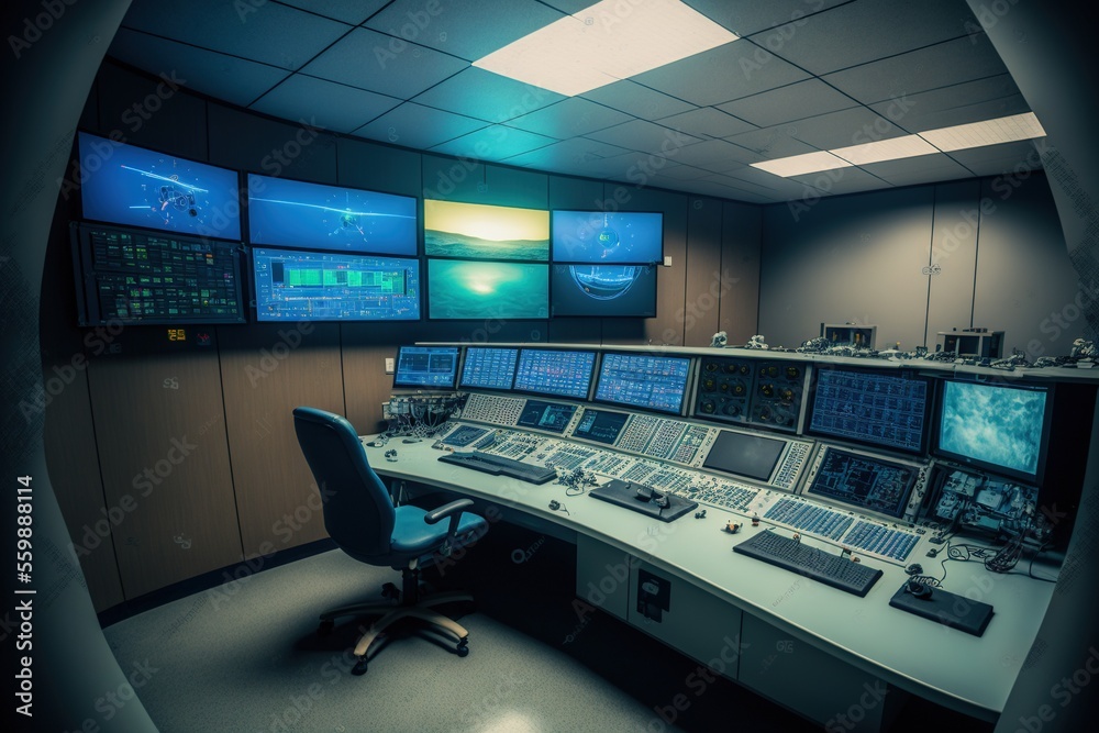 a control room with multiple monitors and a desk with a laptop on it ...