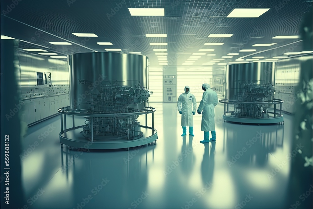 two men in white lab coats are walking through a large room with large ...