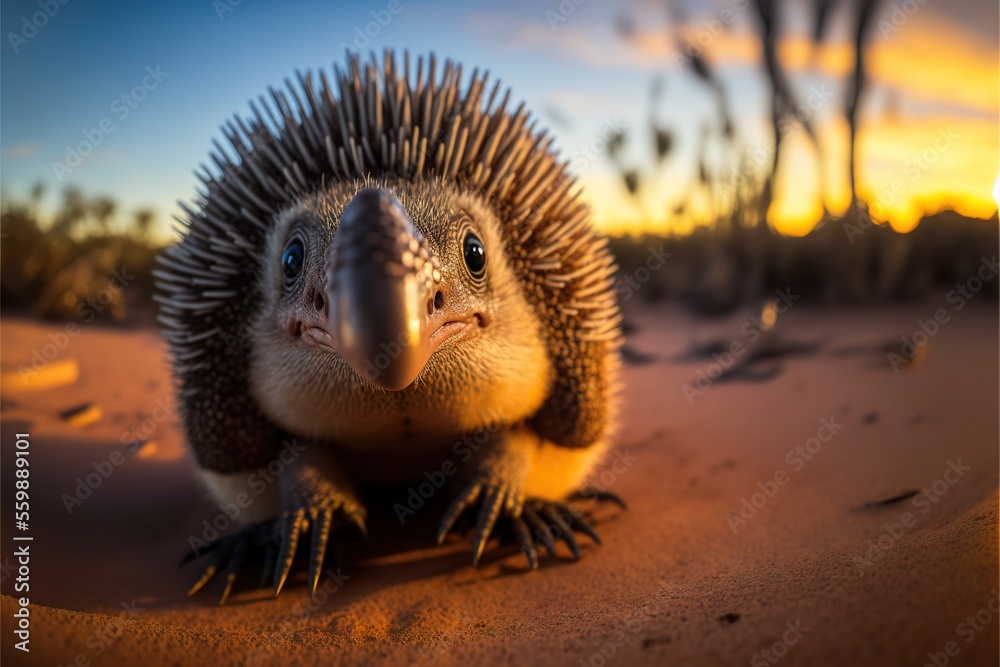 a porcupine is sitting on the sand at sunset with its head turned to ...