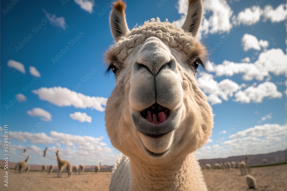 a llama is smiling at the camera with a group of llamas in the ...