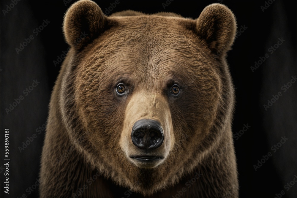 a brown bear with a black background looking at the camera with a sad ...