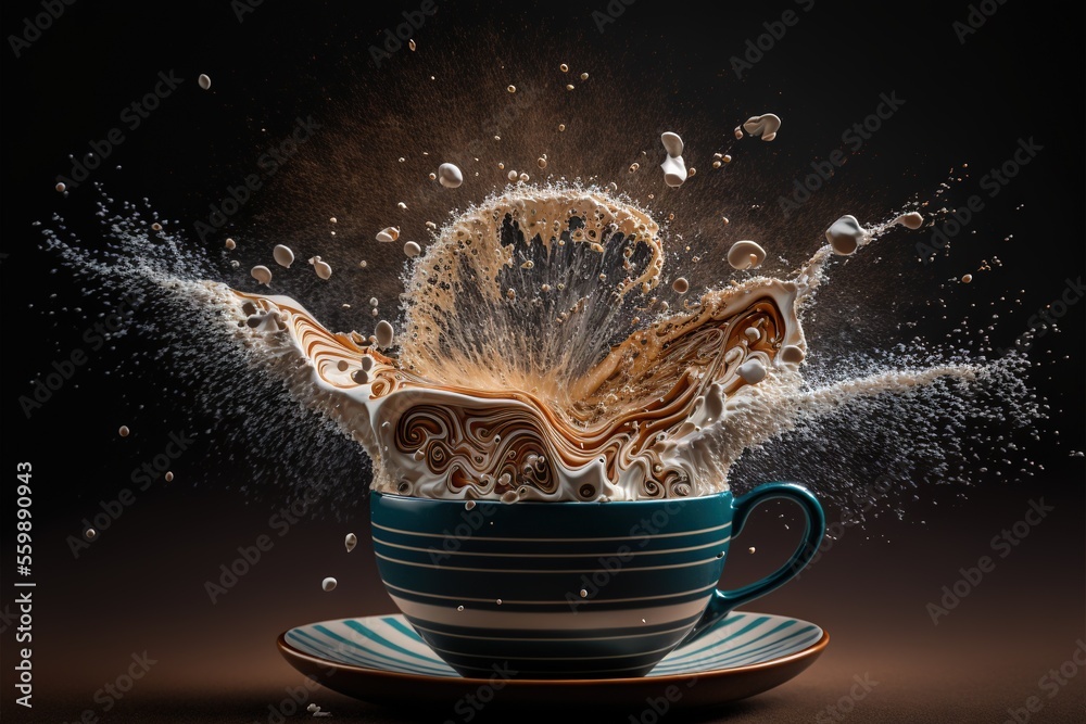 a cup of coffee with a splash of water on it and a saucer with a saucer ...