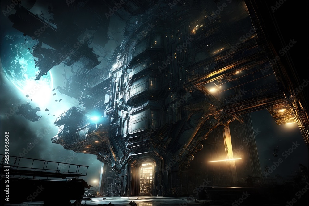 Sci-fi space background. Science and technology platform on a galactic ...